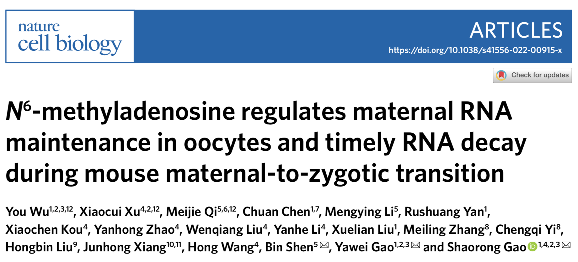 Nature Cell Biology | 高绍荣/高亚威团队揭示小鼠早期胚胎母源-合子转变过程中RNA m6A修饰动态变化与作用机制